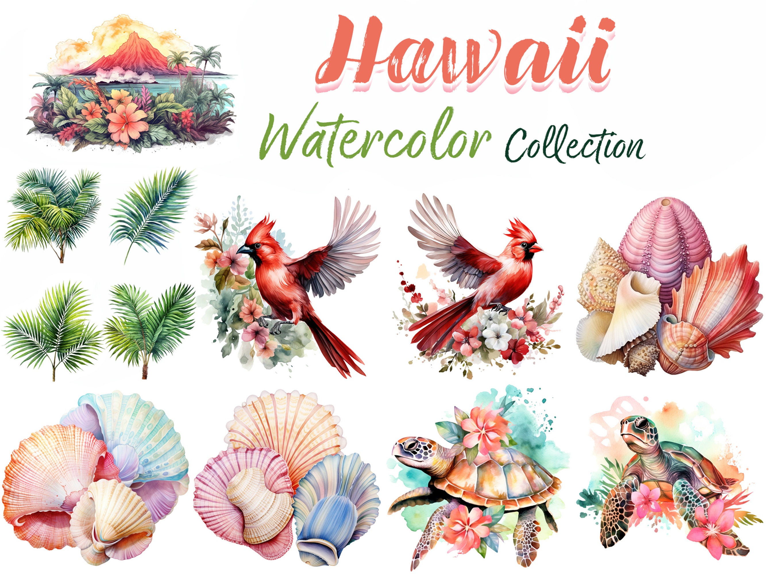 Watercolor Hawaiian Clipart: Tropical Luau Collection (digital Download ...