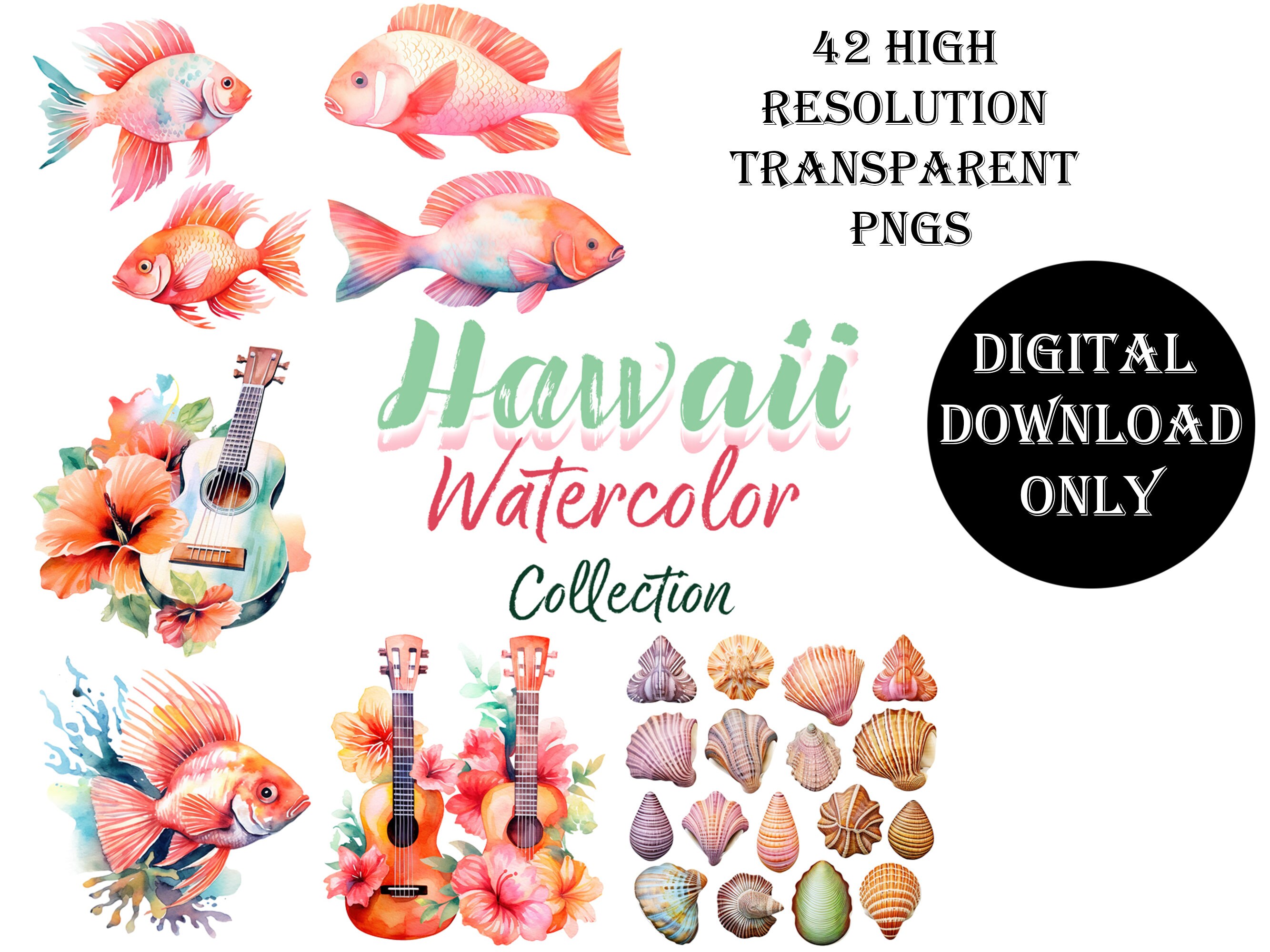 Tropical Tiki Luau Clipart Collection, Watercolor Hawaiian Clipart ...