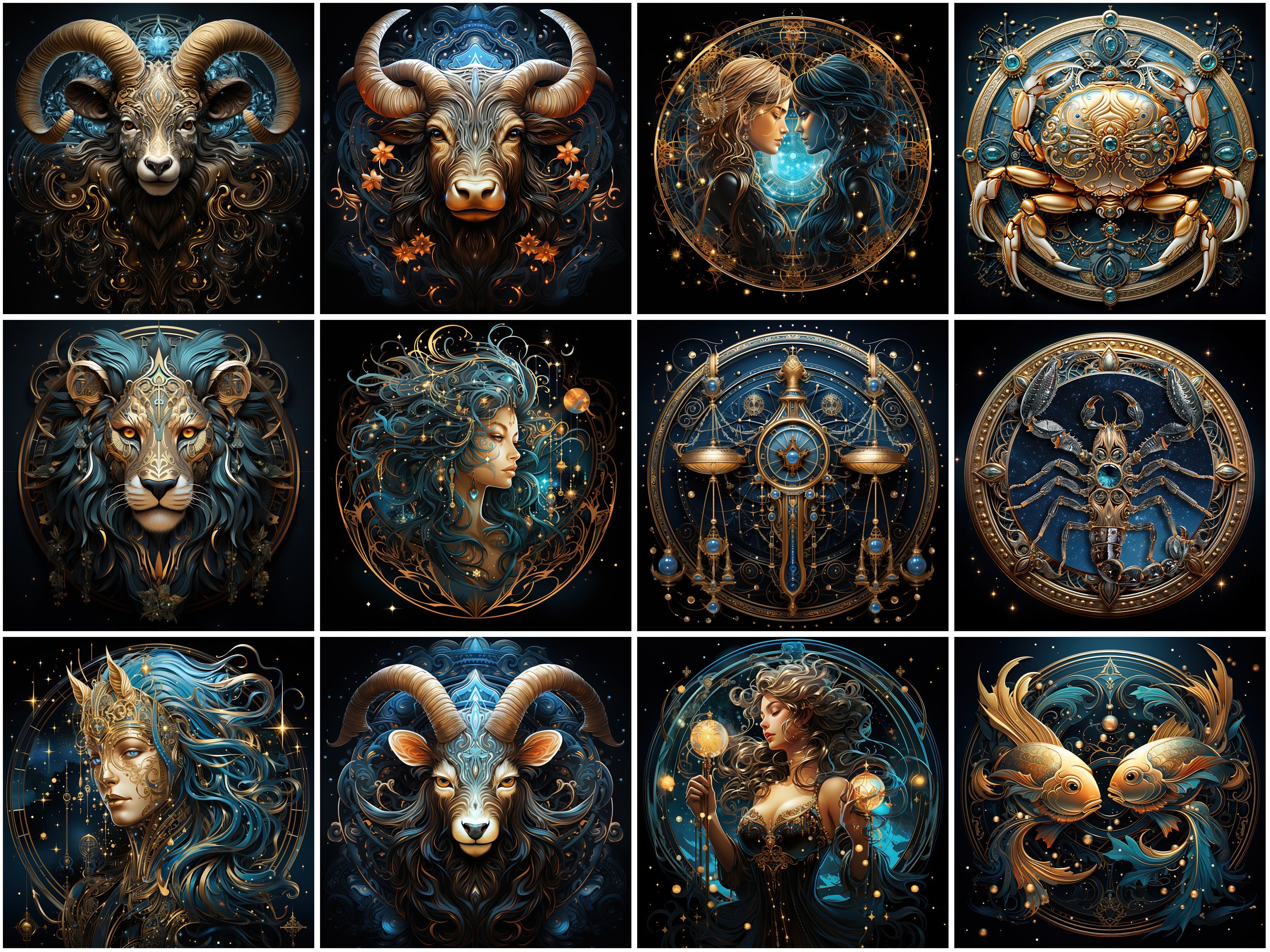 Fantasy Zodiac Signs Clipart: Celestial Horoscope Graphics (digital ...