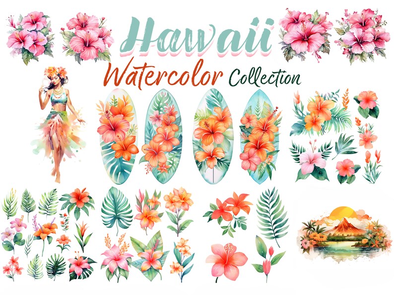 Tropical Tiki Luau Clipart Collection, Watercolor Hawaiian Clipart ...