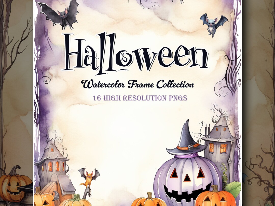 Halloween Watercolor Frame Clipart: Fall Stationery PNG Bundle (digital ...