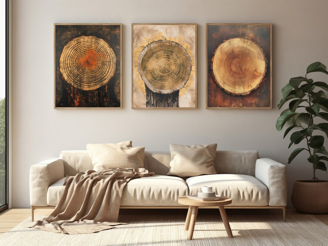 Tryptic Tree Rings, 3 Piece Wall Art, Mid Century Modern Art, Beige ...