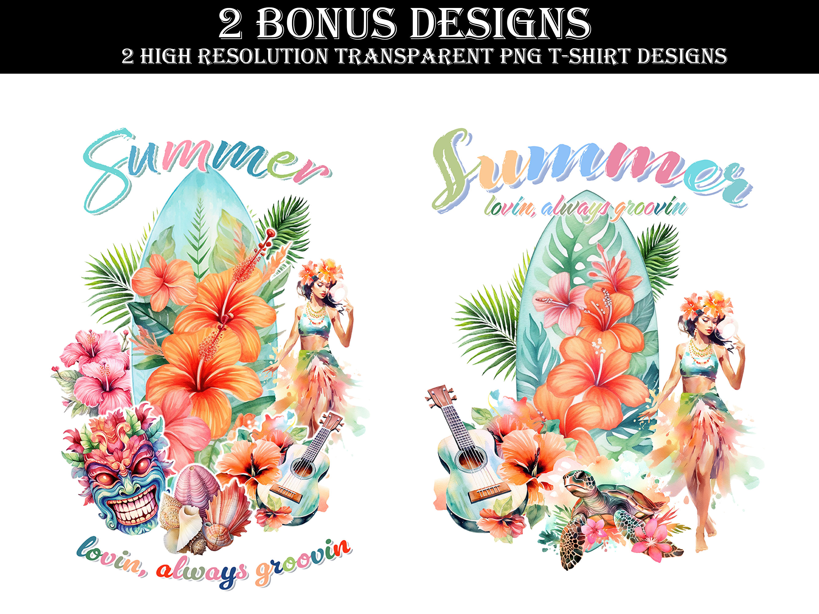 Tropical Tiki Luau Clipart Collection, Watercolor Hawaiian Clipart ...