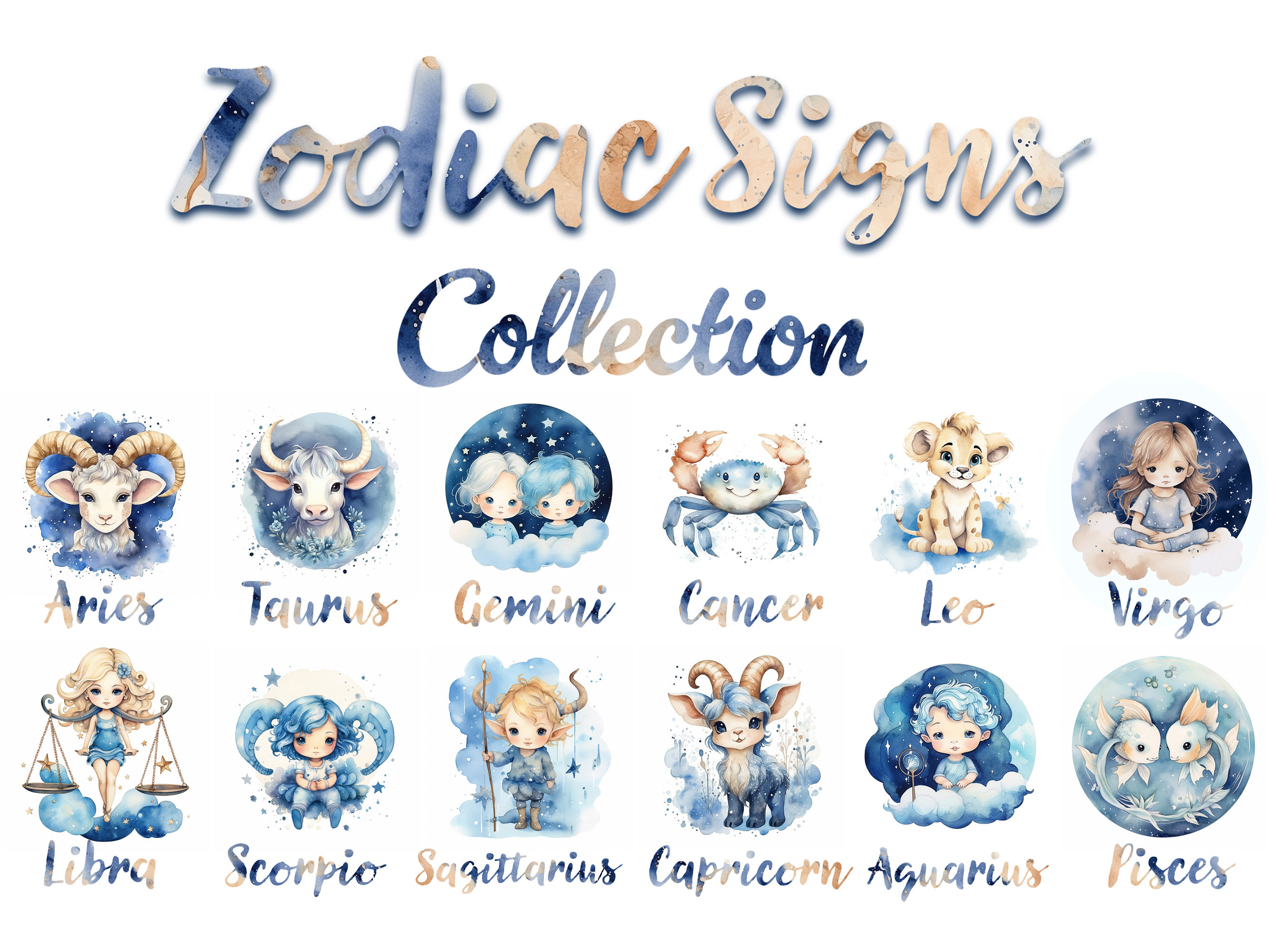 Zodiac Baby Clipart, Zodiac Signs Watercolor, Zodiac Horoscope Nursery ...