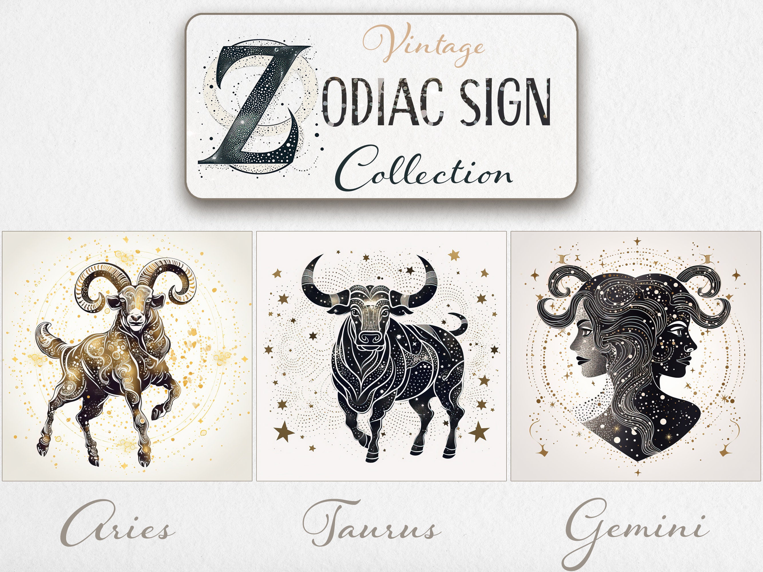 Vintage Zodiac Sign Clipart Collection, Horoscope PNG, Retro Zodiac ...