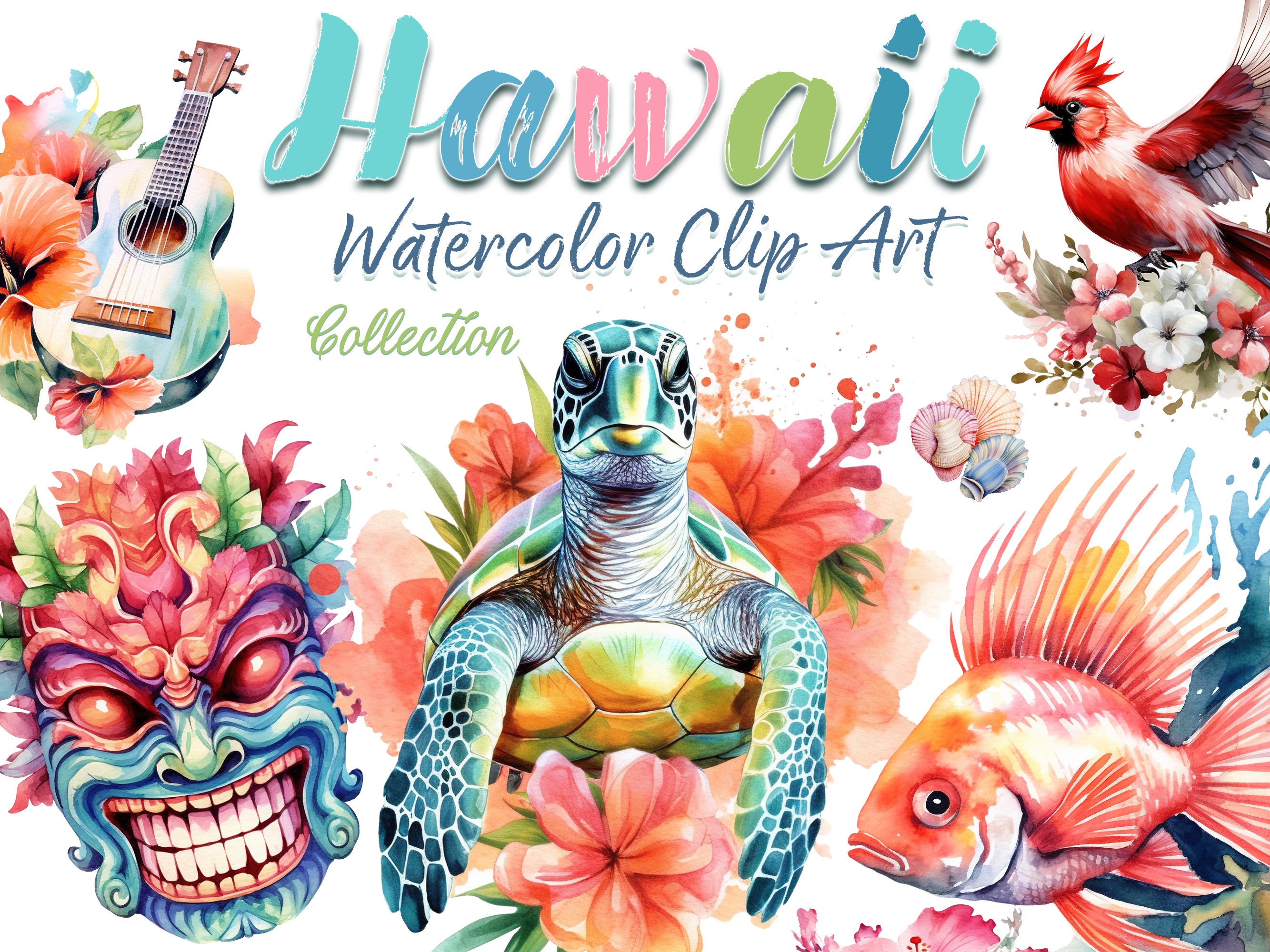 Tropical Tiki Luau Clipart Collection, Watercolor Hawaiian Clipart ...