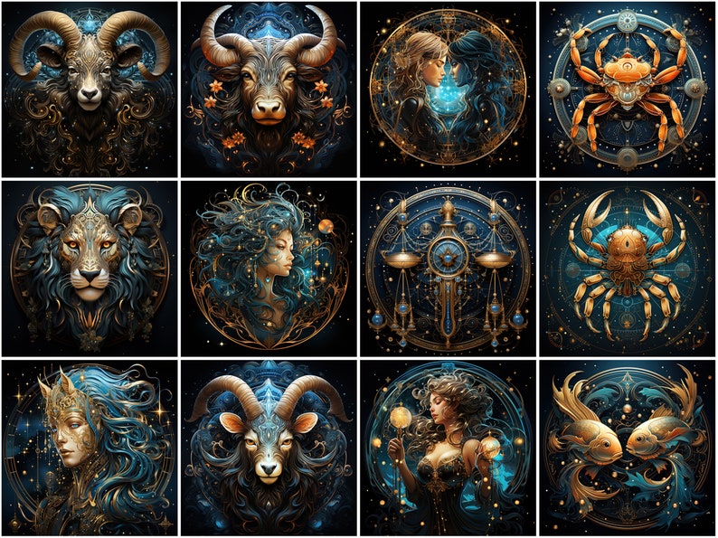 Zodiac Signs Fantasy Collection, Astrological Clipart, Celestial ...
