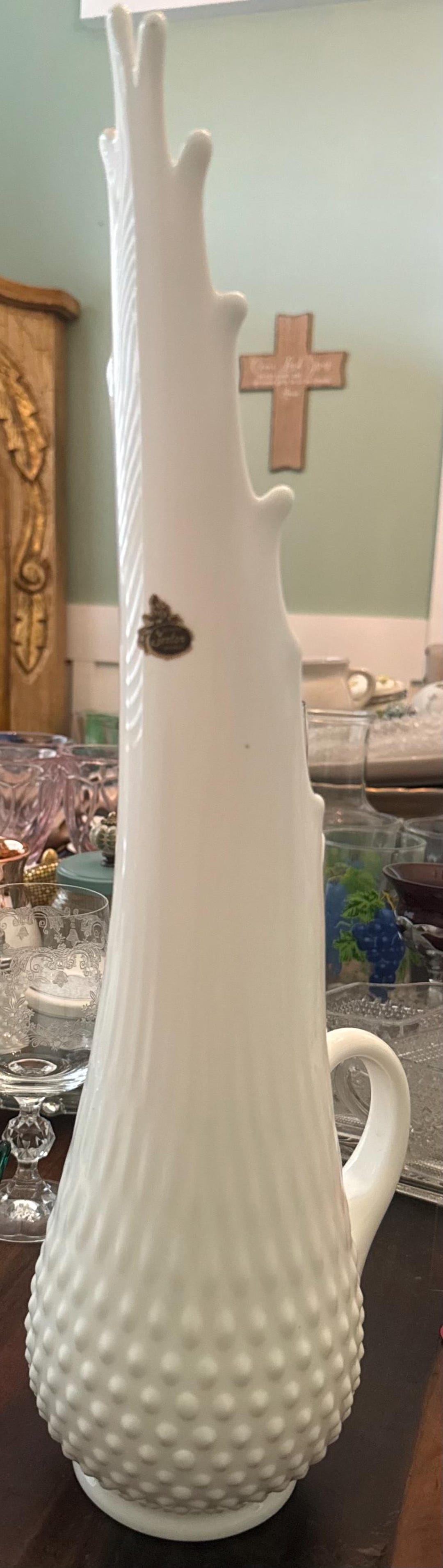 Vintage XL Milk Glass 19" Fenton Swung Finger Hobnail Handled Pitcher ...