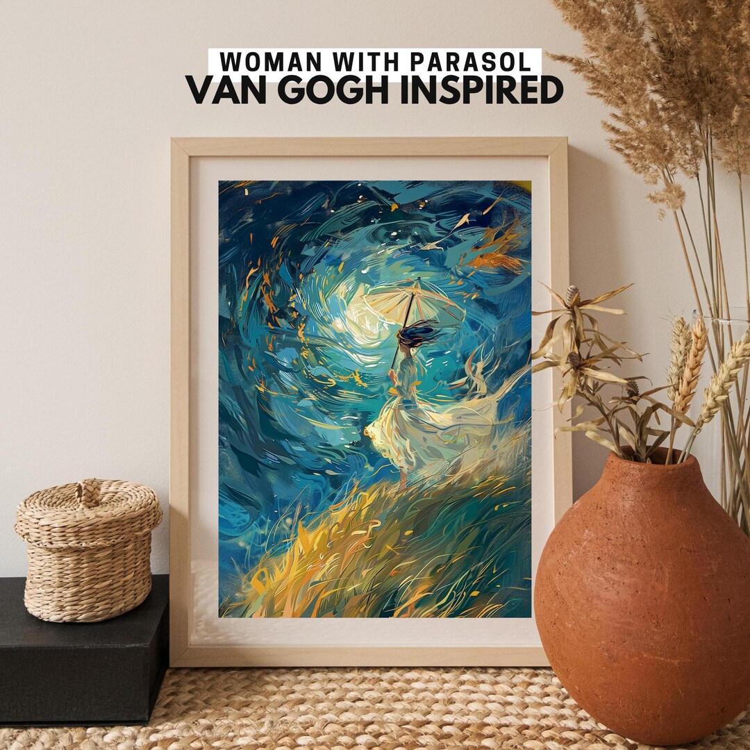 Woman With a Parasol – Van Gogh Inspired Poster – Expressive Wind Scene ...