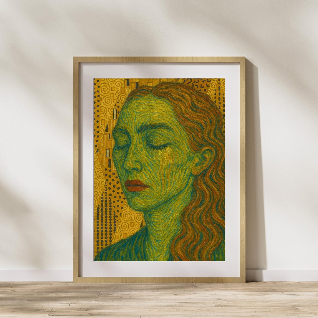 Crying Girl in Gold and Blue – Klimt & Van Gogh Inspired Digital ...