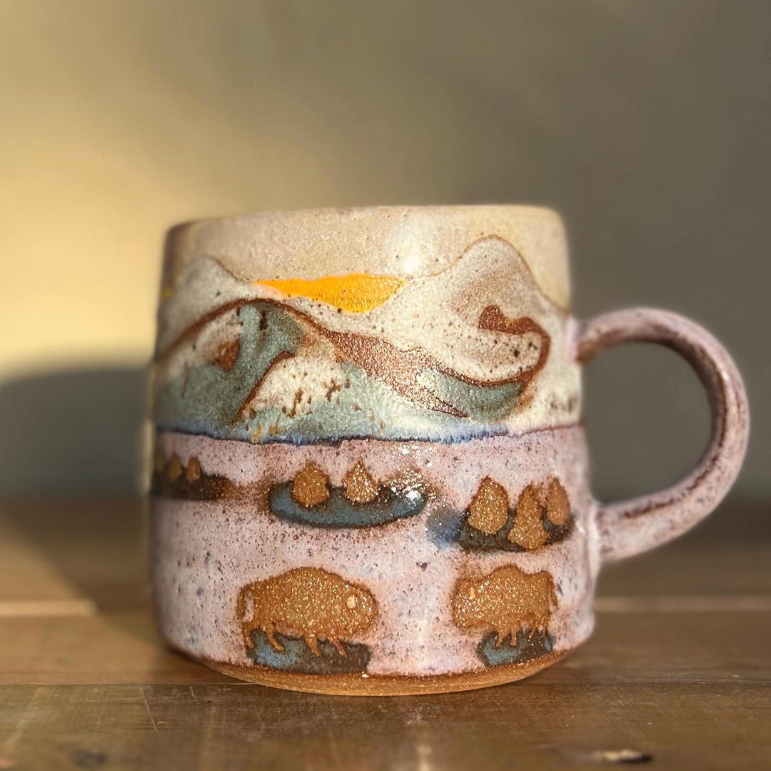 18oz Hand Thrown, Hand Painted, Grand Tetons Wyoming Bison Grazing ...