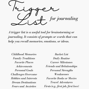 Printable Journal Prompt Trigger List, Trigger List for Journals ...