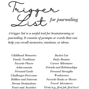 Printable Journal Prompt Trigger List, Trigger List for Journals ...