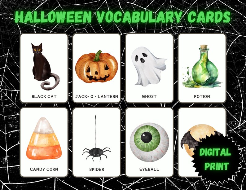 16 Printable Halloween Vocabulary Cards for Kids Children's Spooky ...