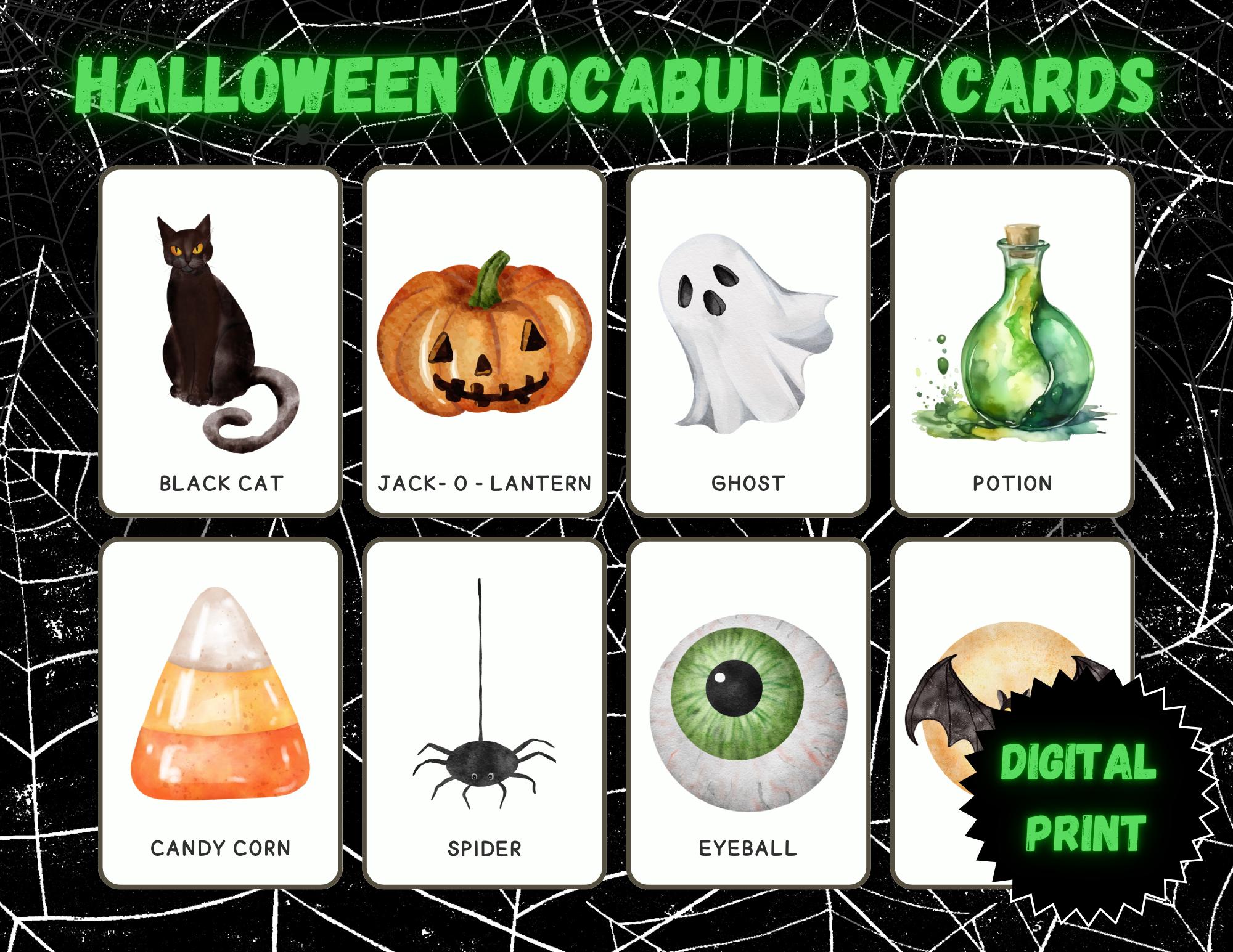 16 Printable Halloween Vocabulary Cards for Kids Children's Spooky ...