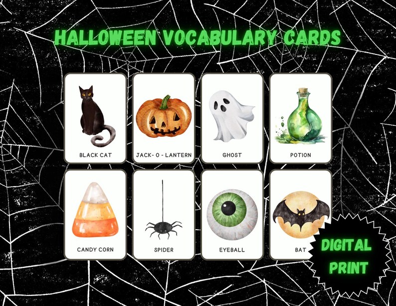 16 Printable Halloween Vocabulary Cards for Kids Children's Spooky ...