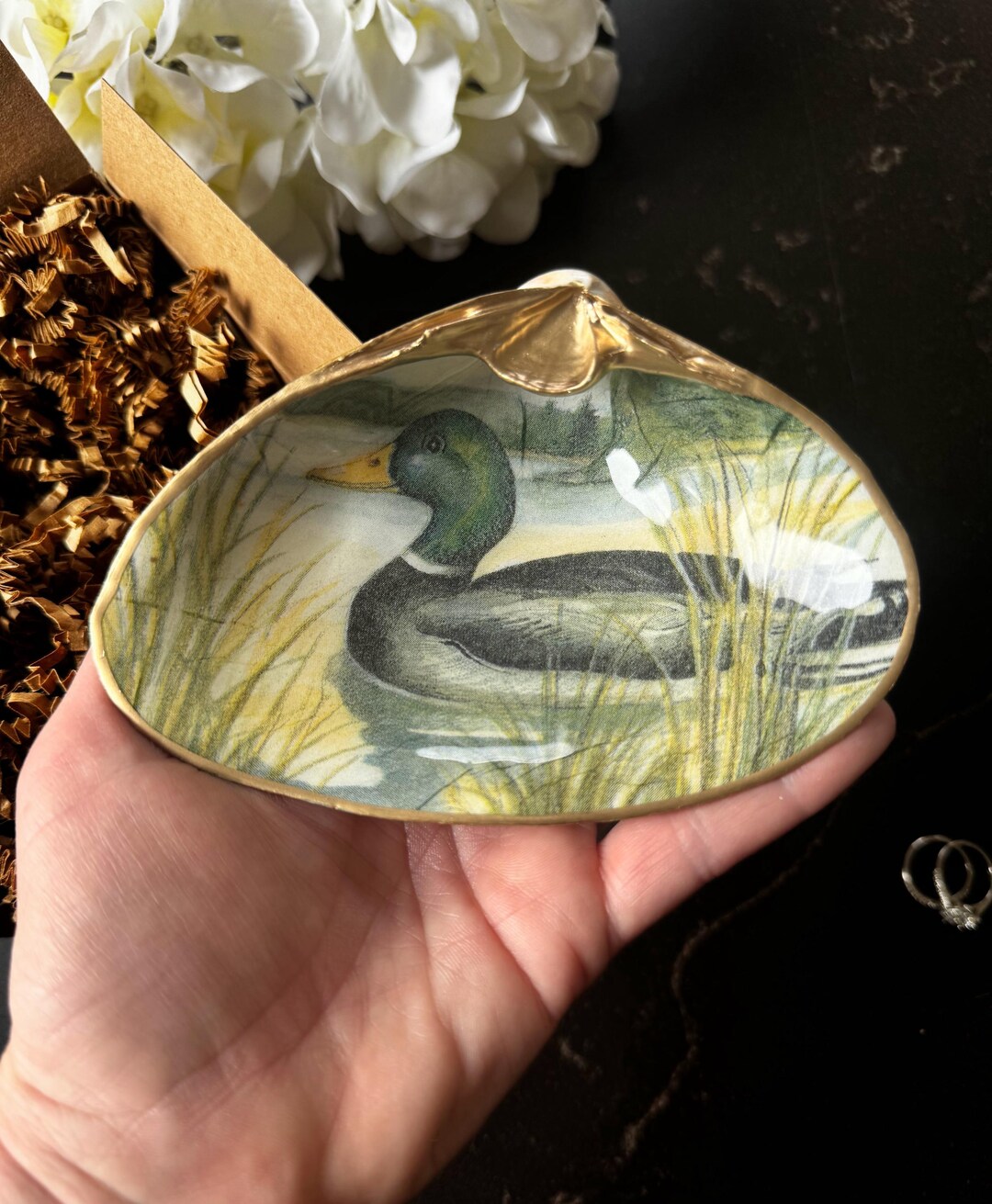Ready to Ship! Mallard Duck in a Clam Shell. Jewelry Dish, Trinket Dish ...