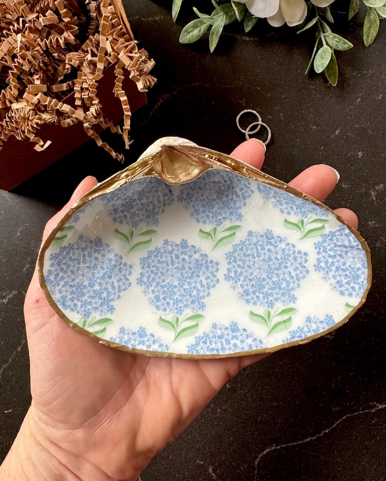 Blue Hydrangea Flowers, Large Clam Shell Jewelry Dish, Trinket Dish, Handmade Gift, Bridal Gift ...