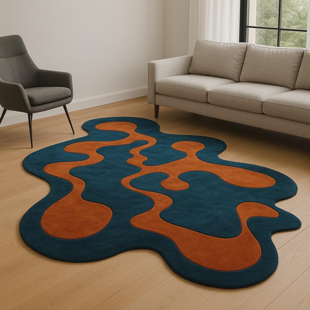 Blue and Tan Amoeba Rug - Modern Irregular Organic Shape Handmade ...