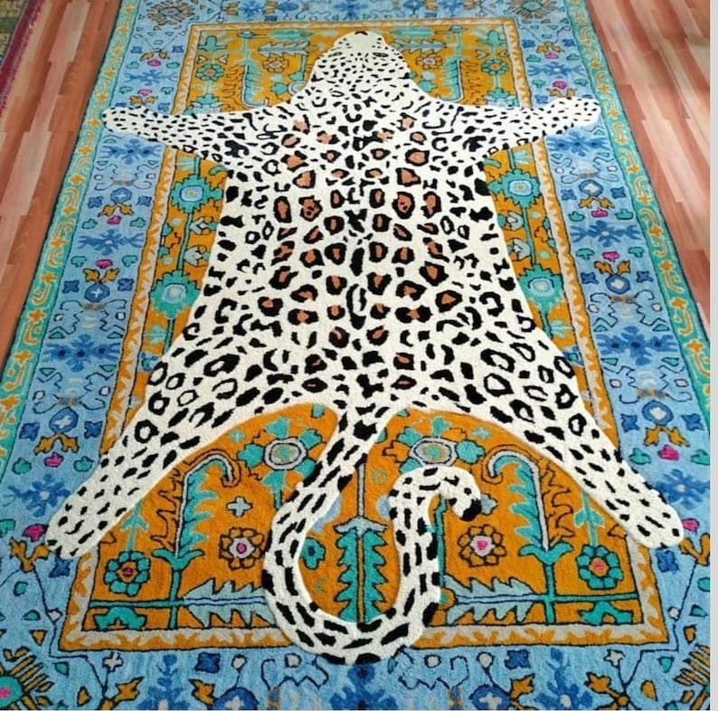 Octavia Hand Tufted Leopard Pattern Rug blue & Yellow, Handmade Wool ...