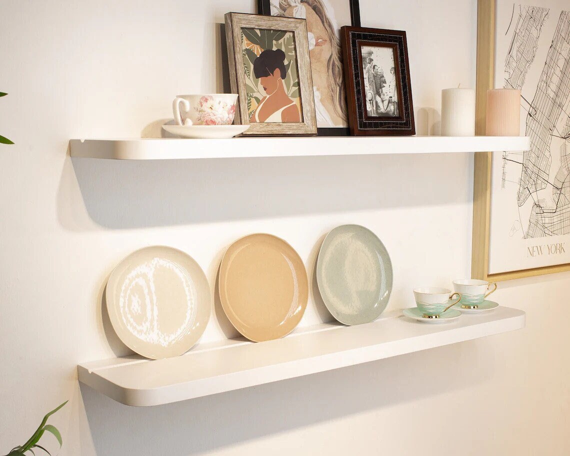 White Radius Floating Shelves With Plate Groove, Custom Size Floating ...