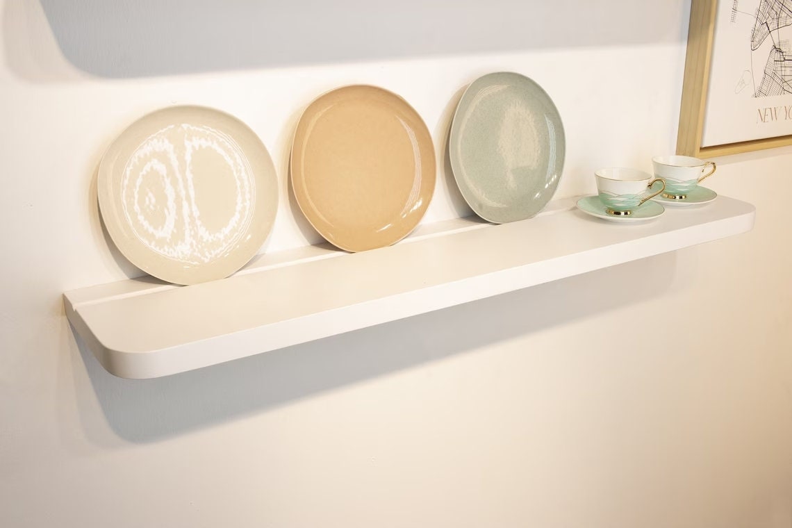 White Radius Floating Shelves With Plate Groove, Custom Size Floating ...