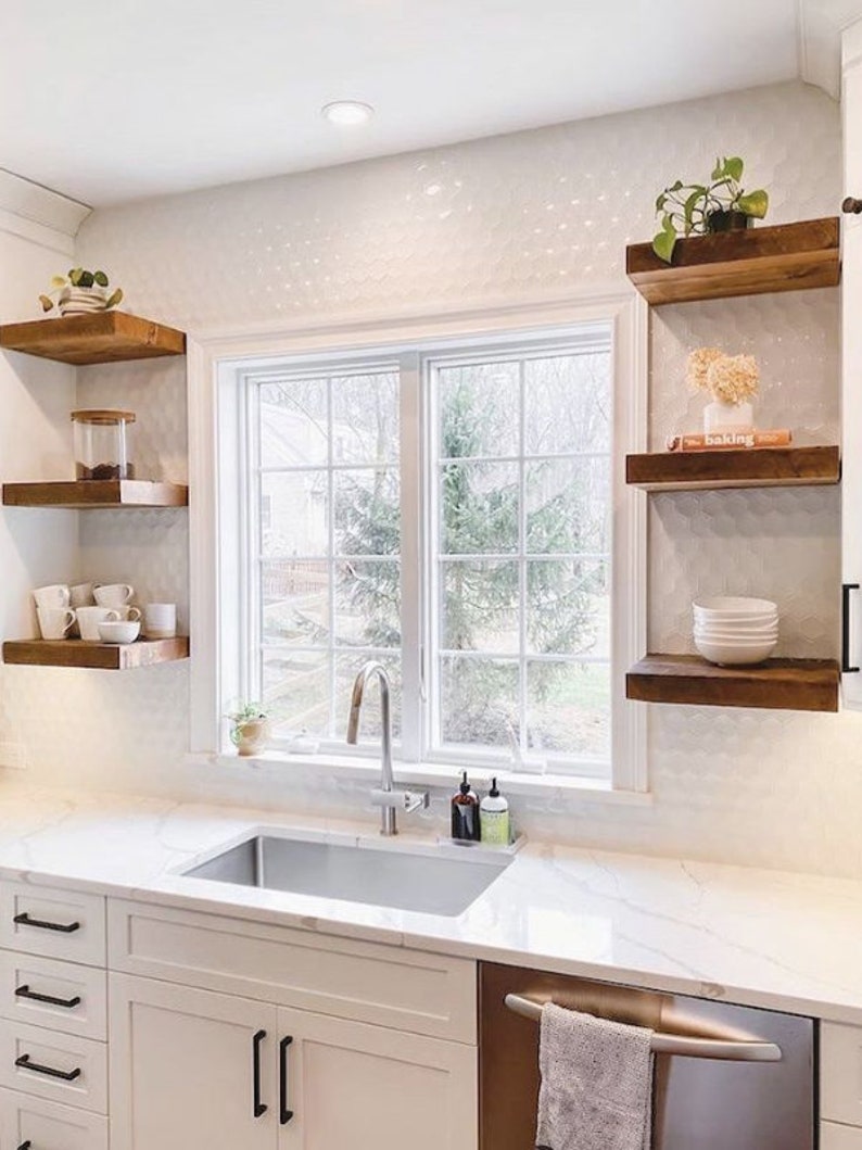 White Radius Floating Shelves With Plate Groove, Custom Size Floating ...