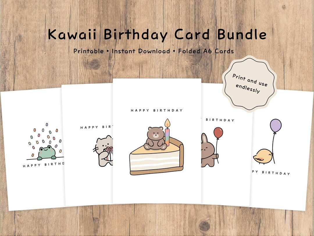 Kawaii Birthday Card Bundle Printable, Cute Animal Birthday Cards, A6 ...