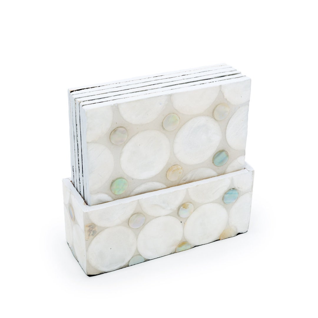 White Capiz Shell and Abalone Mosaic 6 Coasters With Holder- Handmade ...