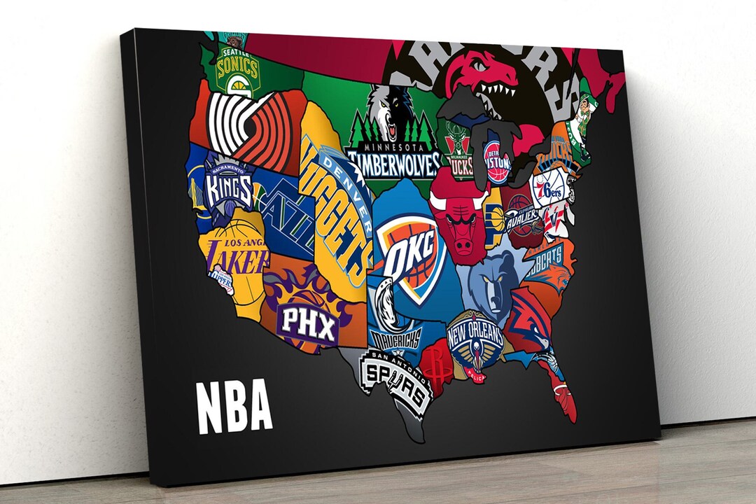 NBA Team Logos Wall Art, American State Map Wall Art, Basketball Teams ...