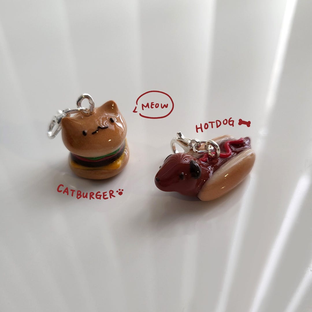 Cat Burger and Hot Dog Charms || Handmade Polymer Clay Keychain - Etsy