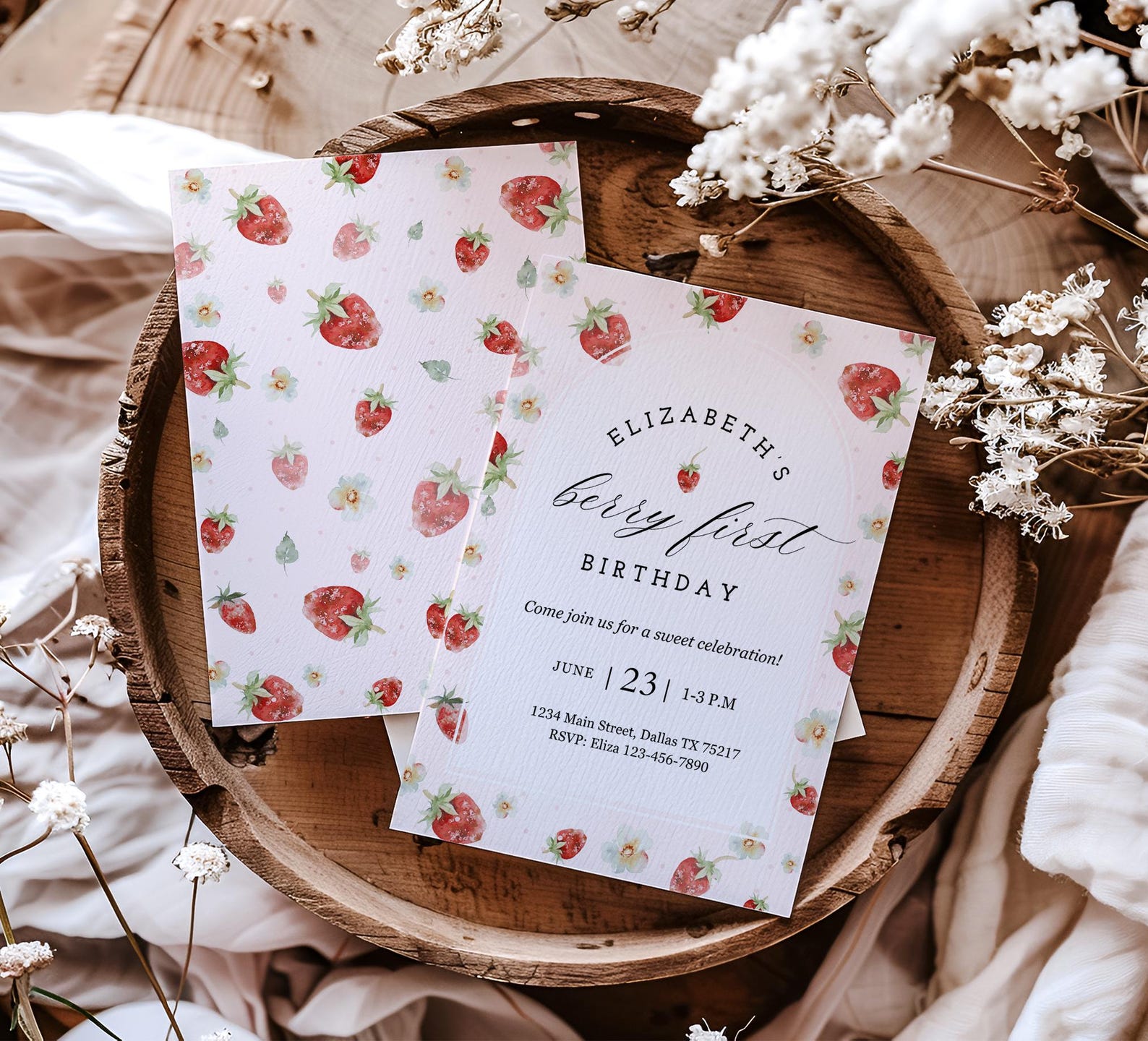 Editable Strawberry Birthday Invitation, Berry First Birthday Invite ...