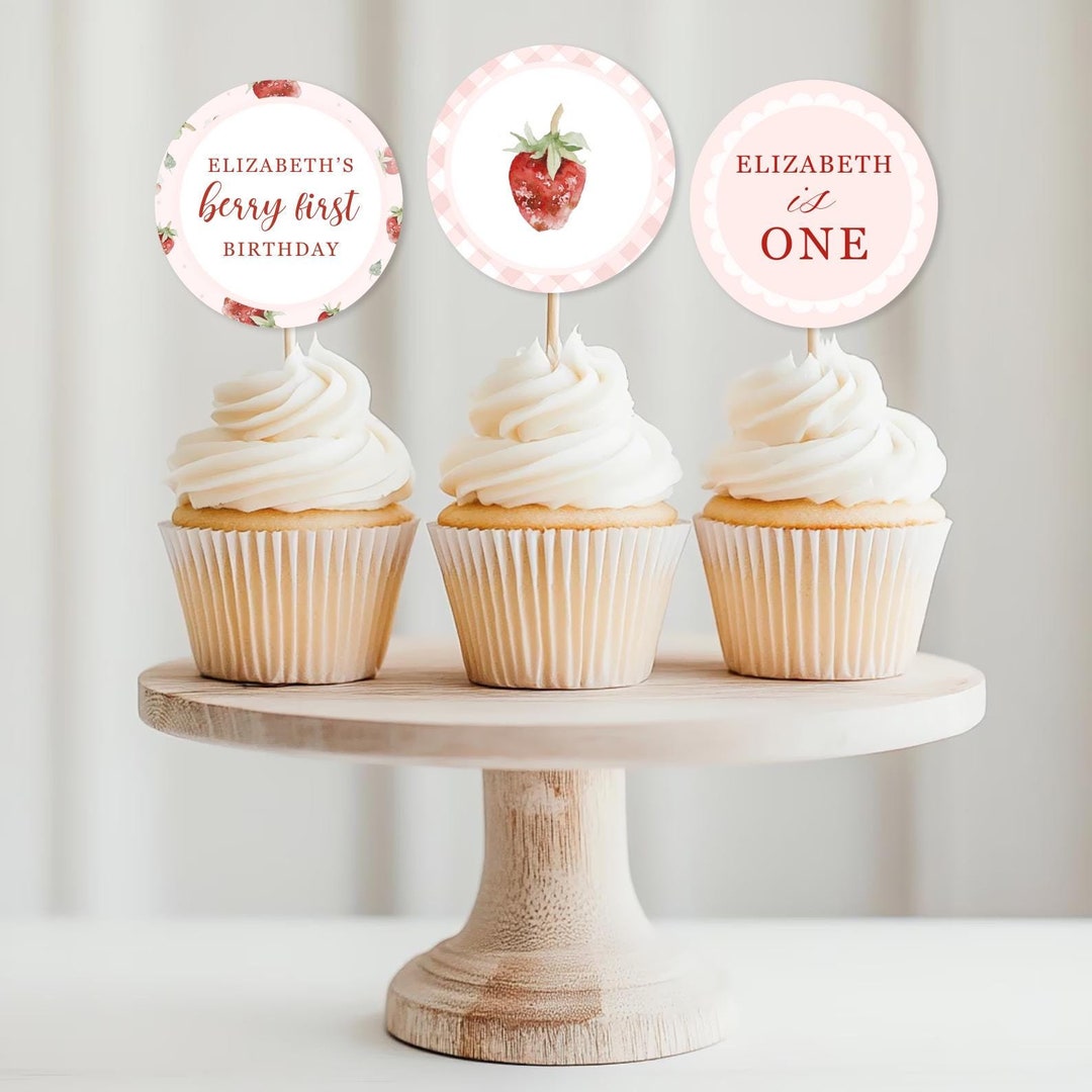 Strawberries Cupcake Toppers, Berry First Birthday Party Decor ...
