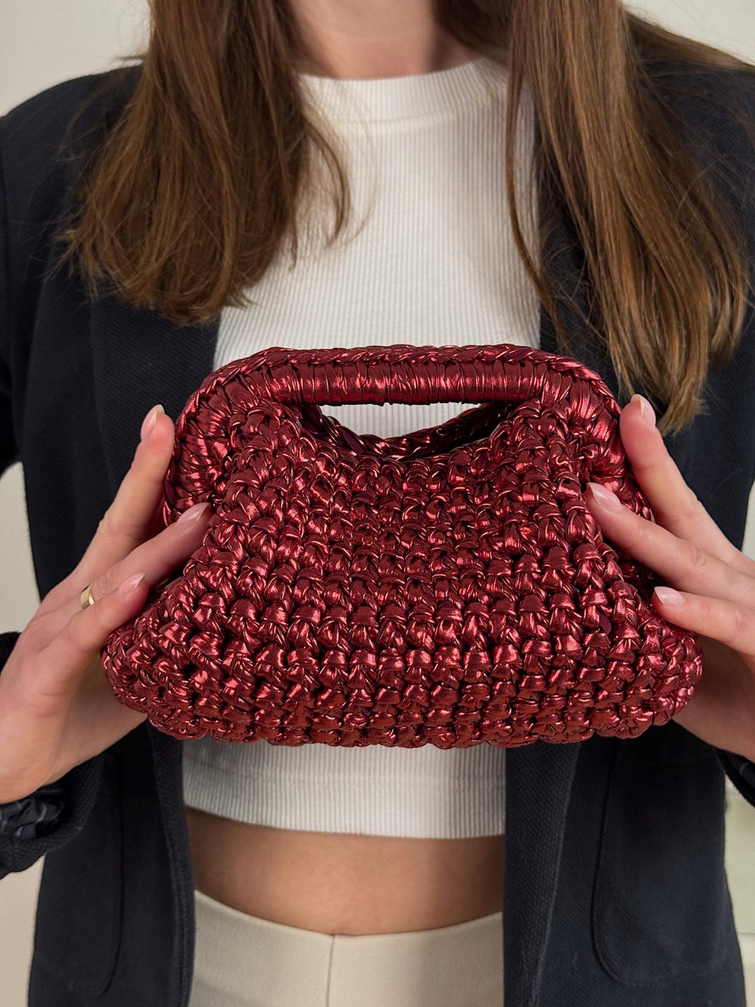 Red Metallic Clutch Bag – Handmade Woven Purse – Elegant Evening ...