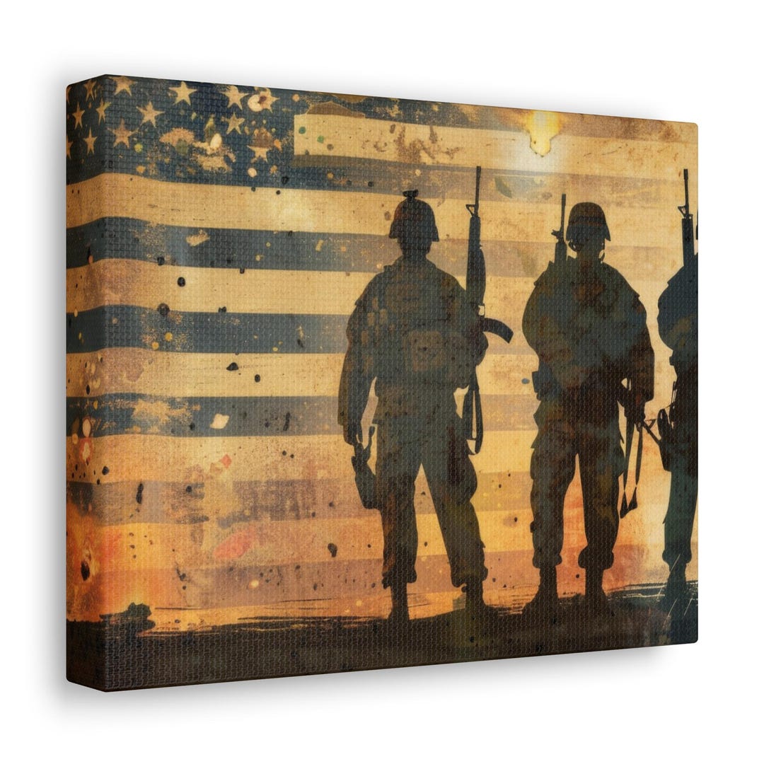 Soldiers With US Flag Veterans Wall Art Canvas Framed Wall Art Wall ...