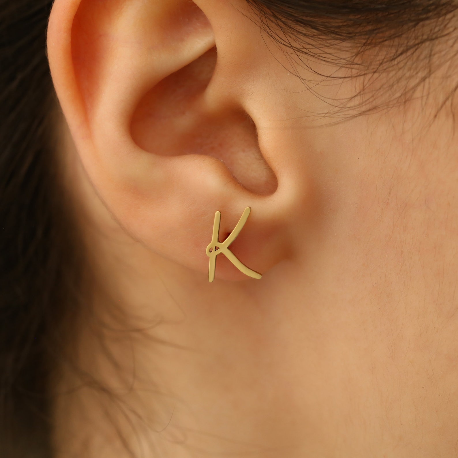 14K Solid Gold Initial Earrings , Custom Initial Earrings ...