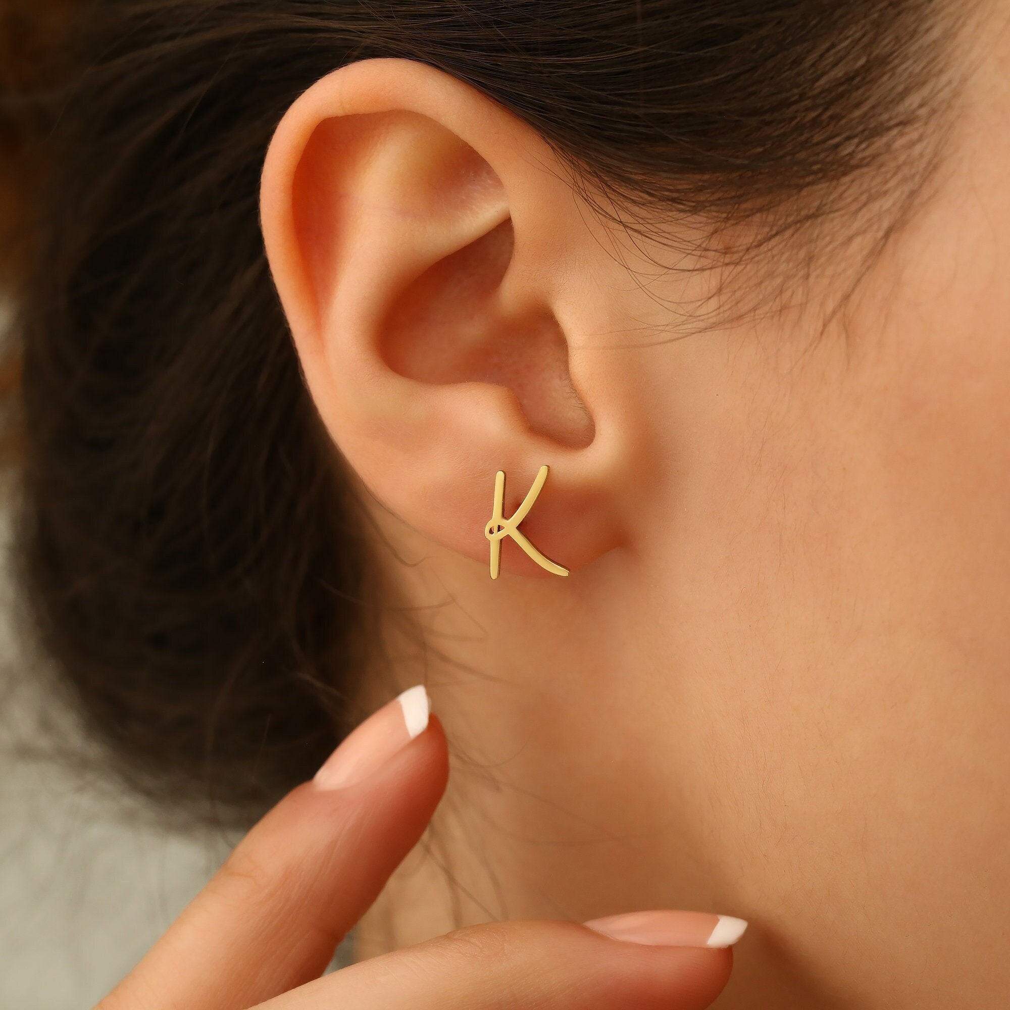 14K Solid Gold Initial Earrings , Custom Initial Earrings , Personalized Initial Earrings ...