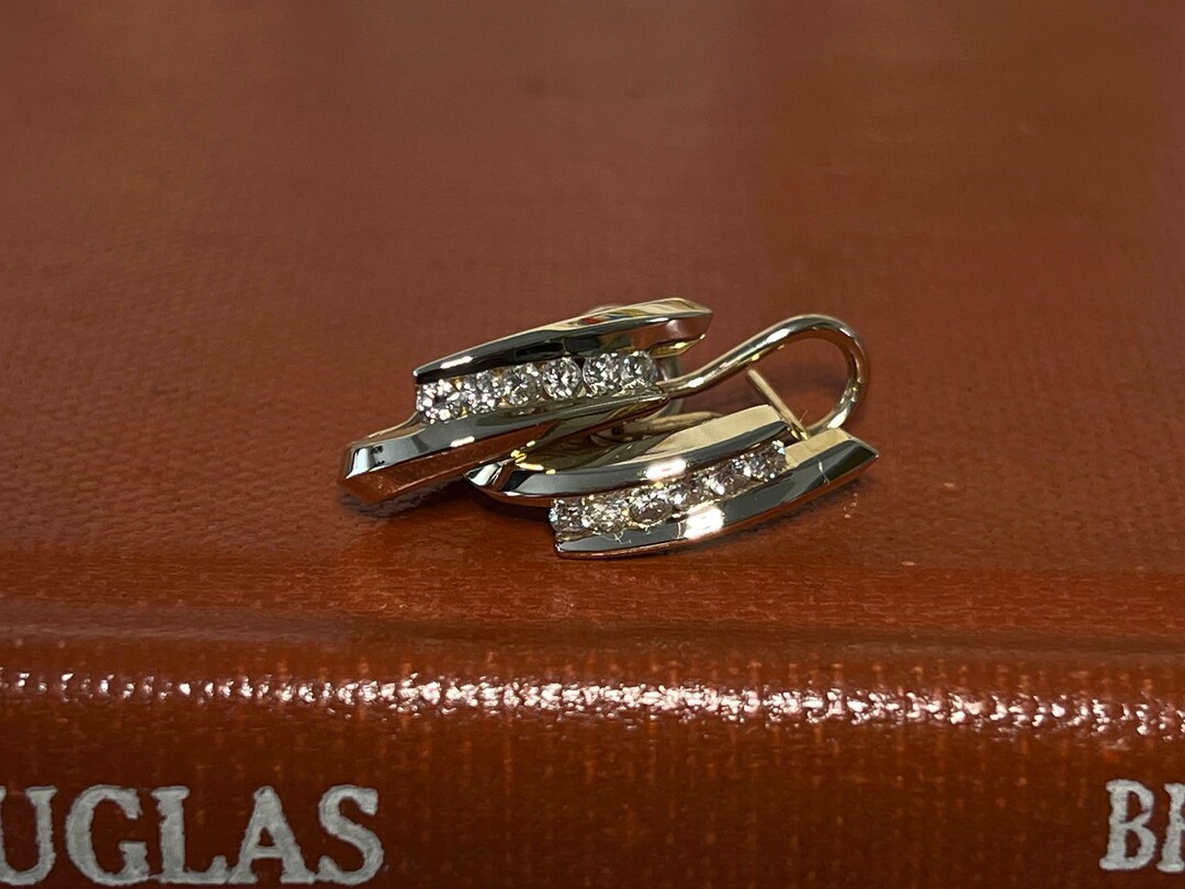 Pair of 14K Yellow Gold Oval Channel Set Diamond Hoops With Omega Backs ...