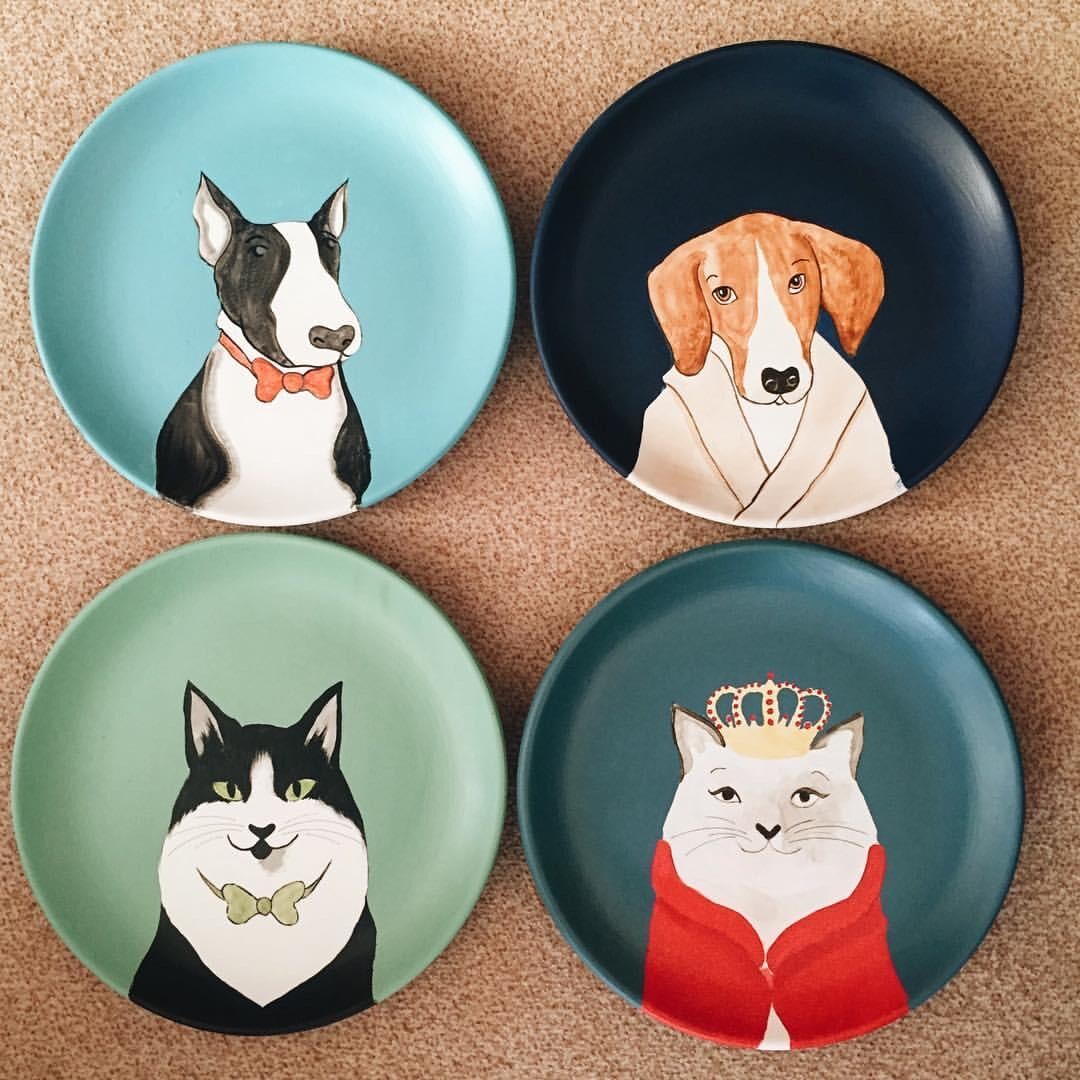 Cat and Dog Plate Set or Individually hand-painted Watercolor Pet Art ...