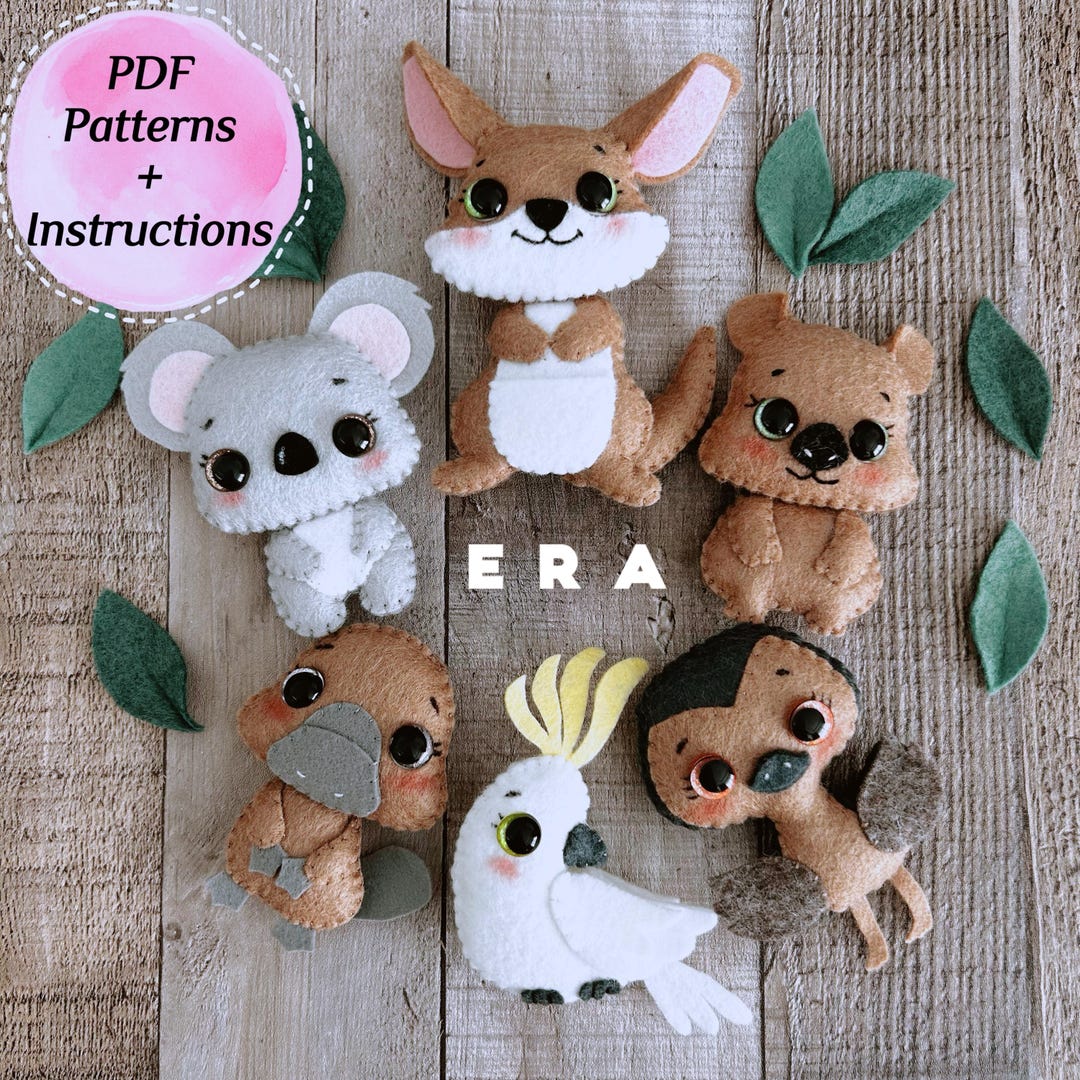 Australian Animals Felt Set of 6 PDF Patterns. DIY Felt Toys, Kangaroo ...