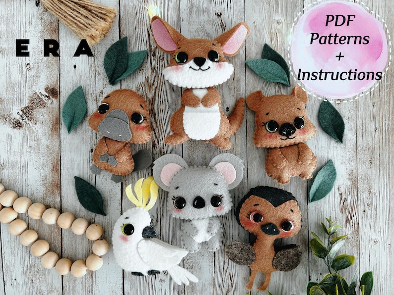 Australian Animals Felt Set of 6 PDF Patterns. DIY Felt Toys, Kangaroo ...