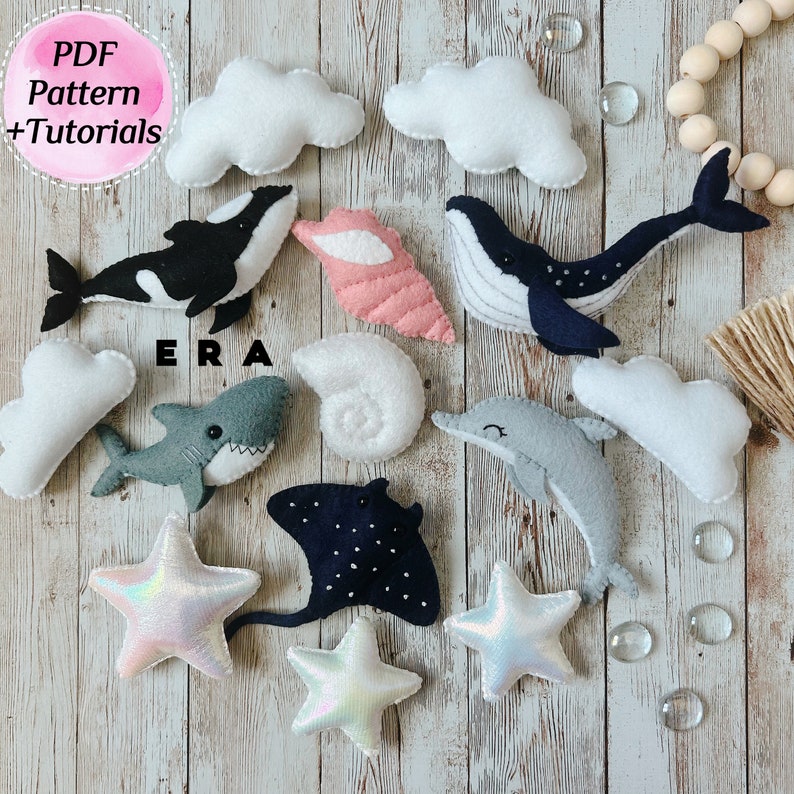 Sea Animals Felt Set of 9 PDF Pattern. DIY Felt Sewing Toy Whale, Shark ...