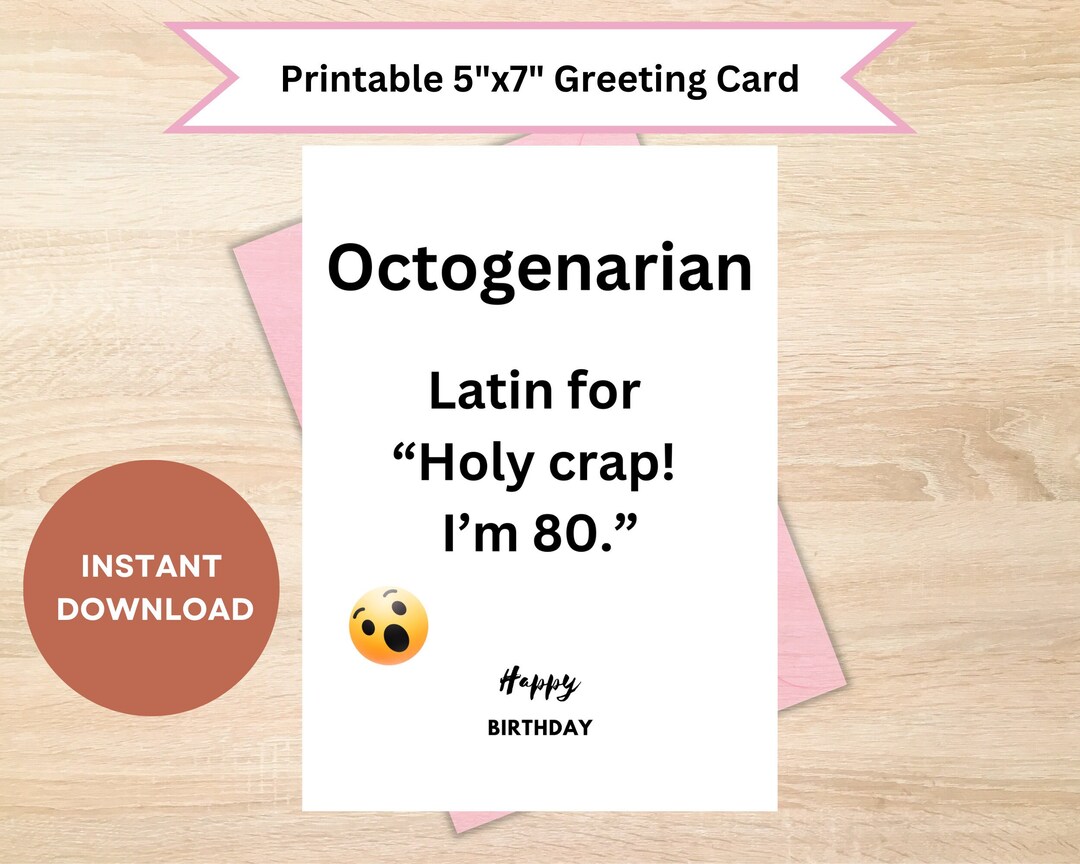 Funny 80th Birthday Card to Print, Octogenarian Bday Card, 5x7 Instant ...