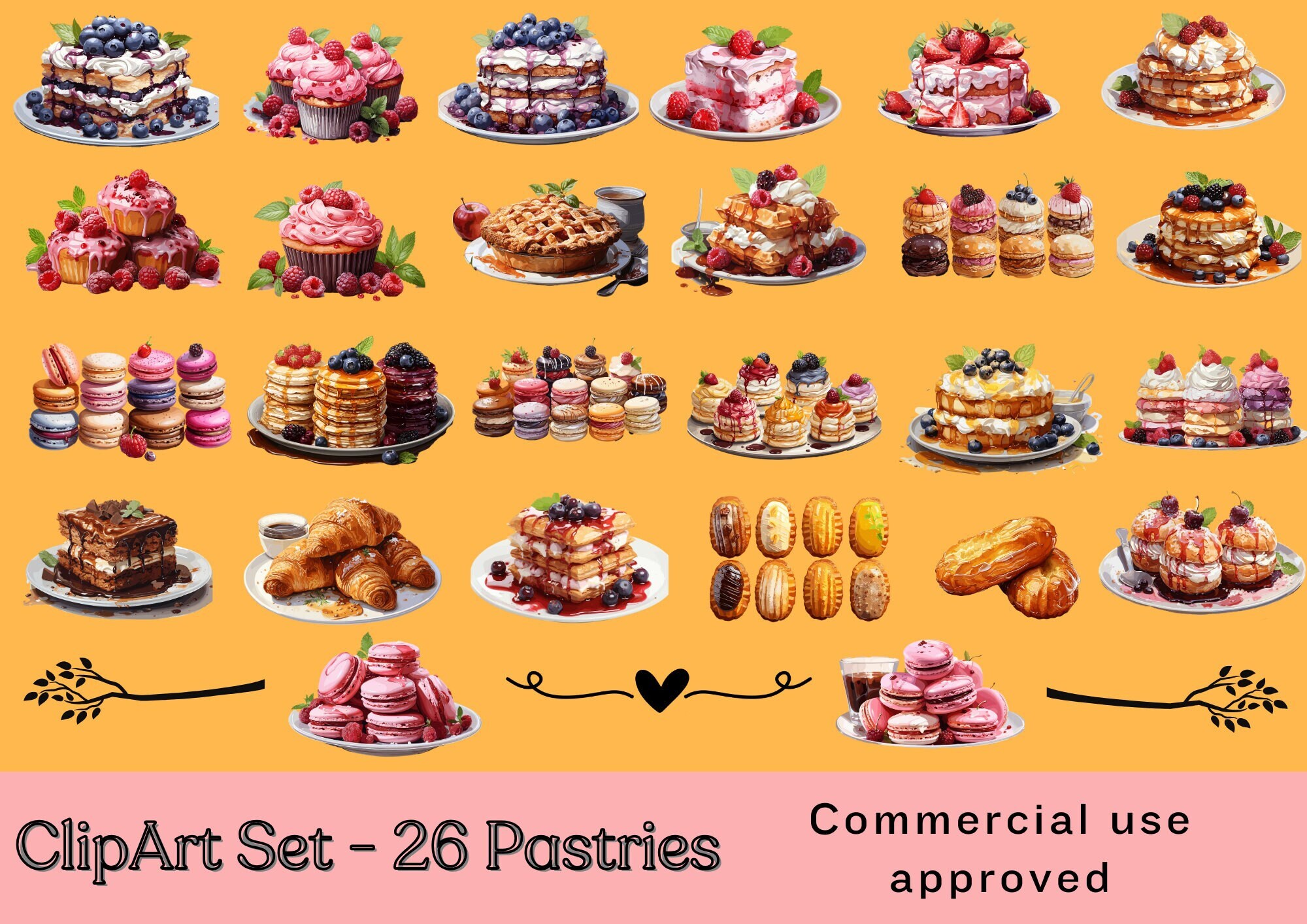 Watercolor Patisserie Clipart, 26 French Pastry Bundle, Cake Pastry ...