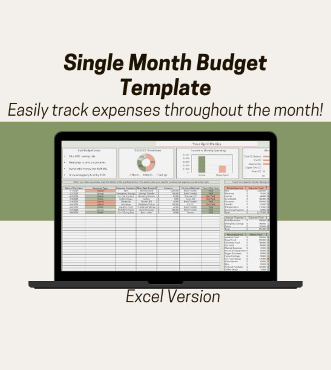 Single Month Budget Template Excel, 50/30/20 Feature, Monthly Budget ...