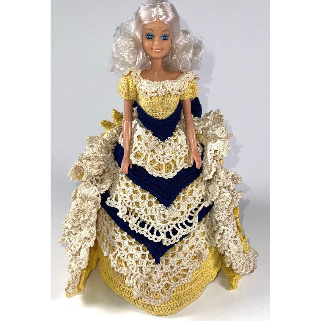 Barbie Doll Southern Belle Gown Yellow Blue and White Crocheted Clothes ...