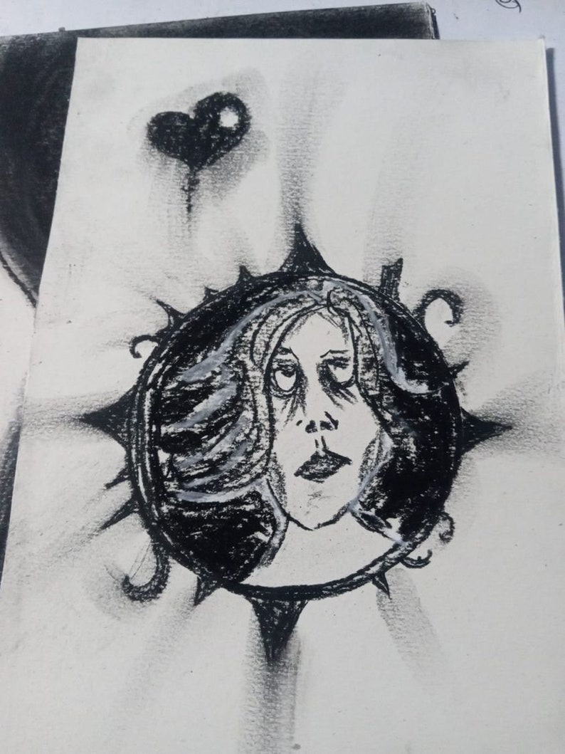 Strange Gothic Girl Charcoal Drawing, Creepy Line Art, Original Horror ...