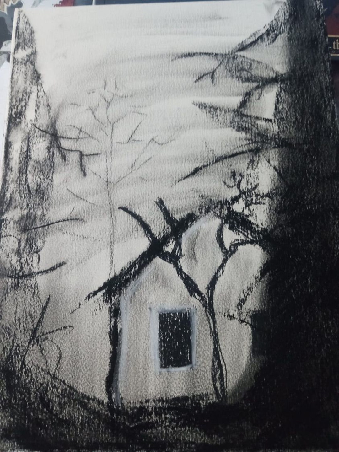 Dark Gothic Building in the Forest Charcoal Drawing, Creepy Line Art ...