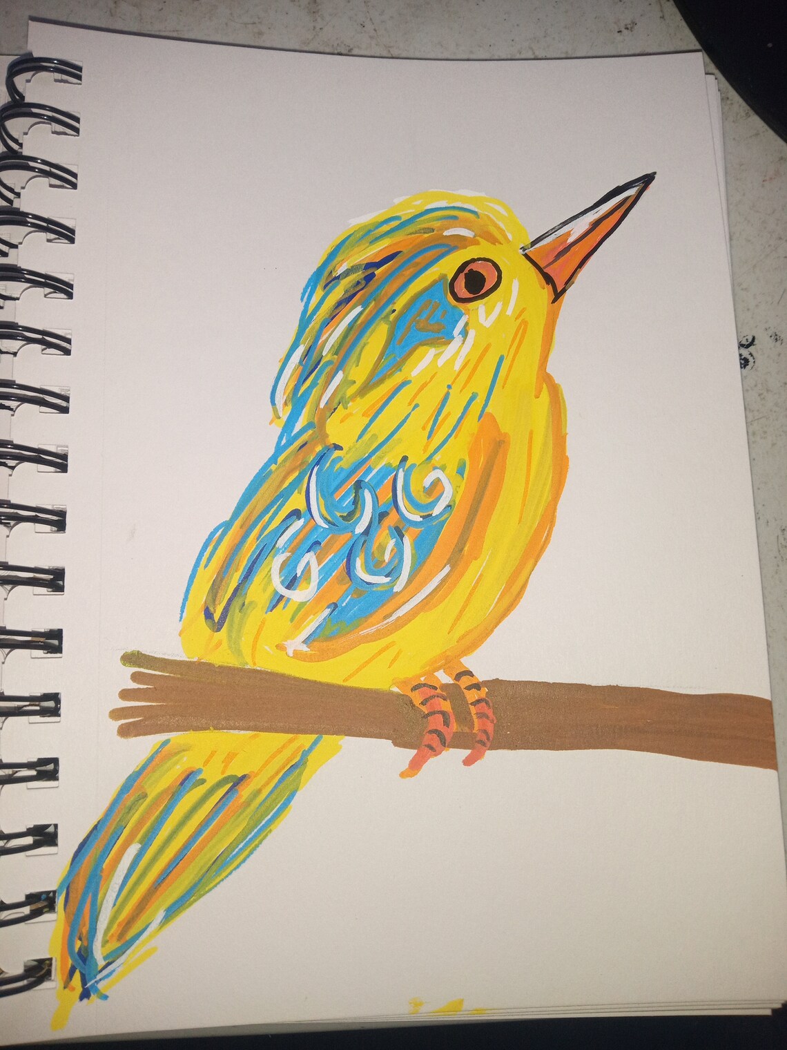 Colorful Yellow and Blue Bird Marker Painting Drawing, One-of-a-kind ...