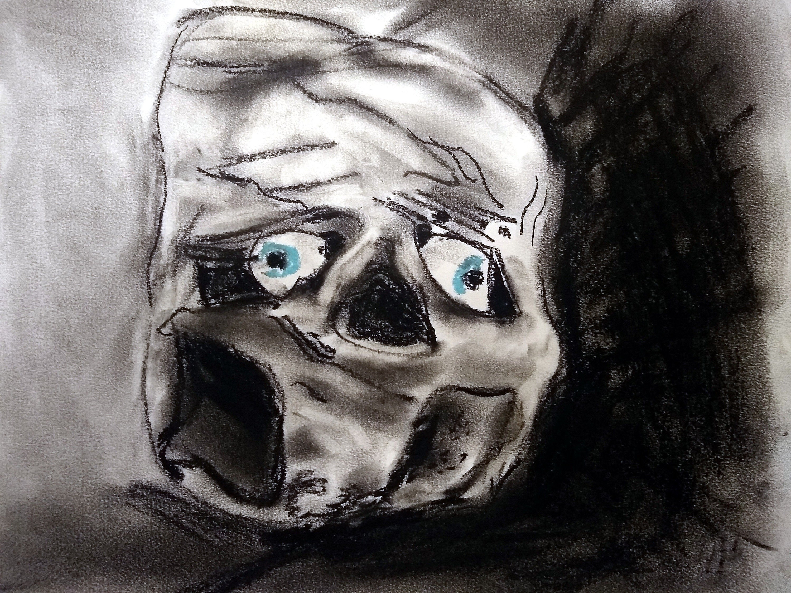Squashed Monster Head Charcoal Drawing, Odd Pastel Drawing, Creepy Line ...